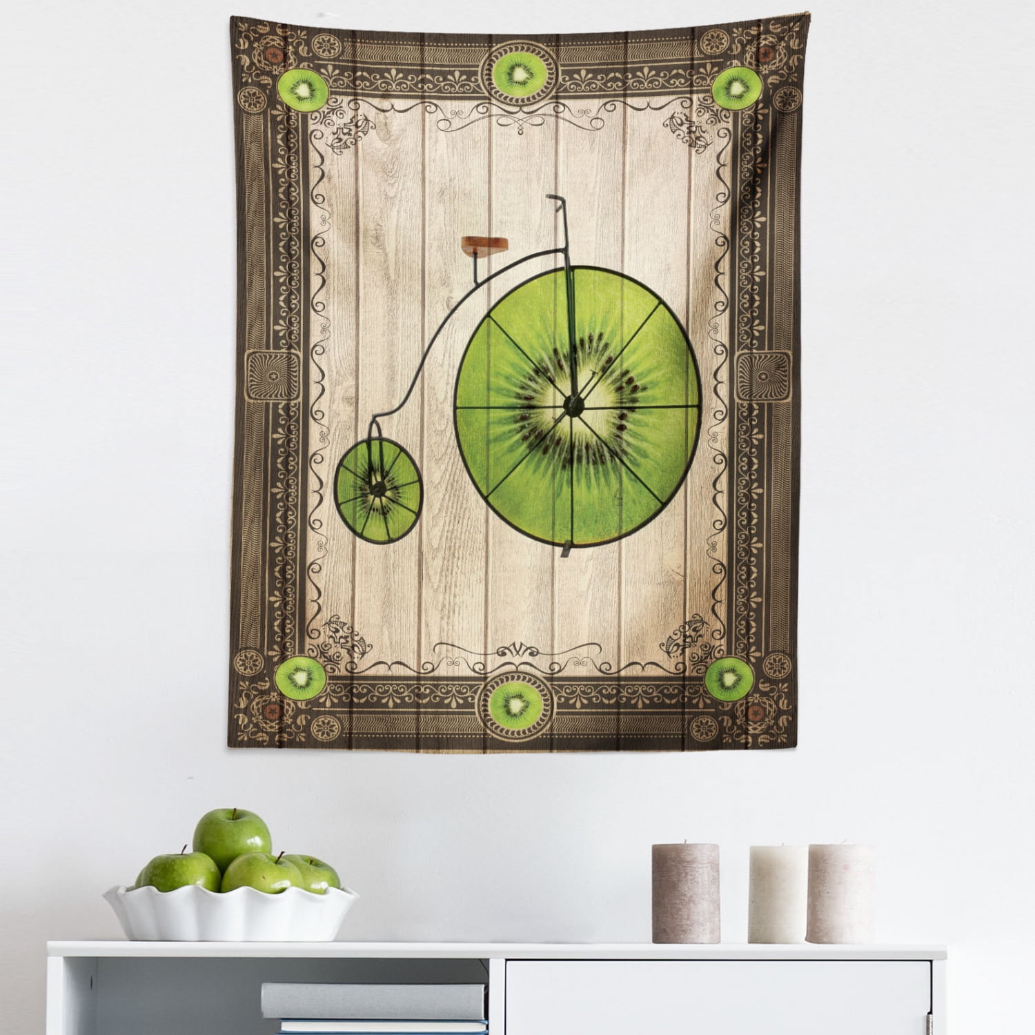 Kiwi Tapestry, Abstract Retro Bike with Fruit Wheels in Antique Frame ...
