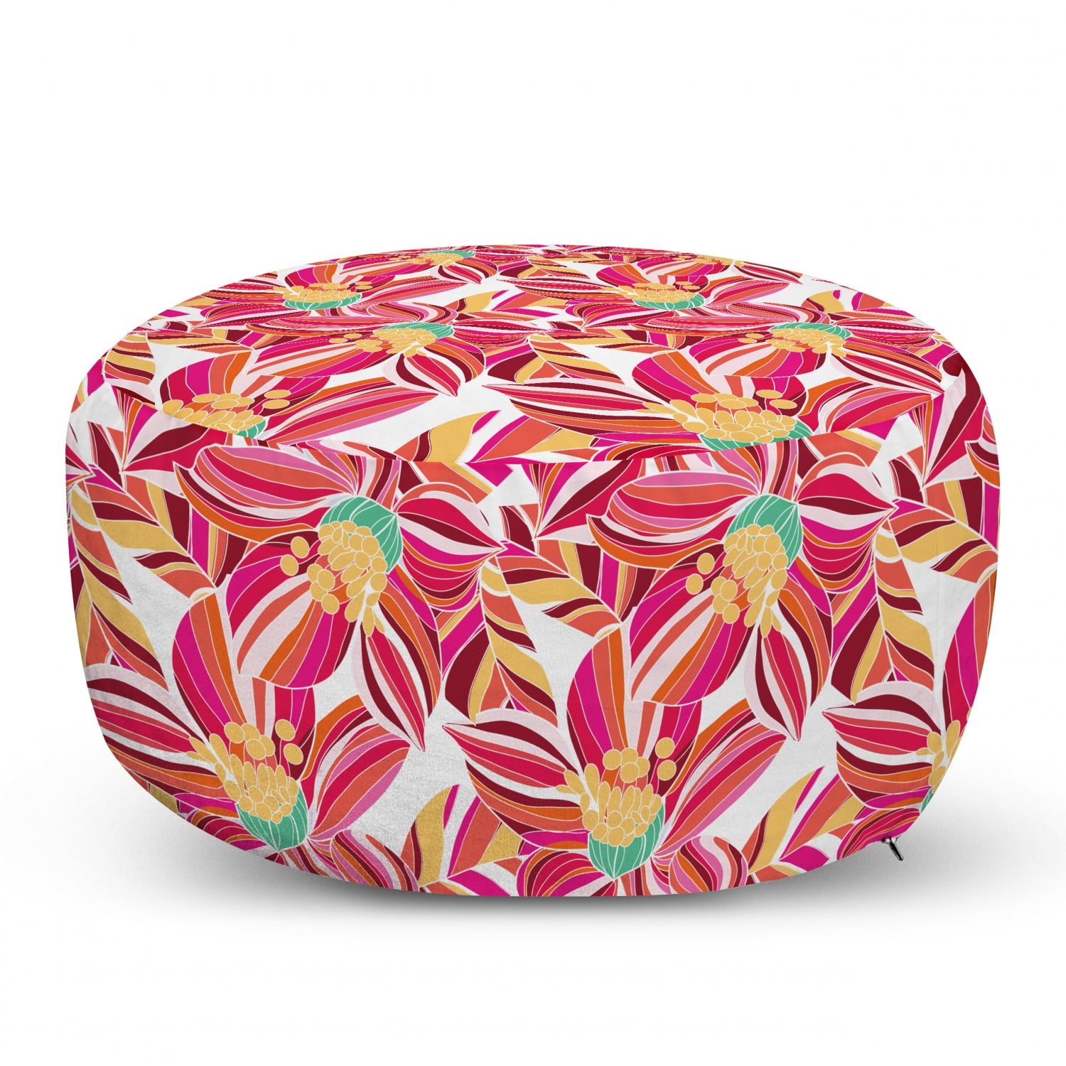 Floral Pouf Cover with Zipper, Abstract Blossoms with Vibrant Striped ...