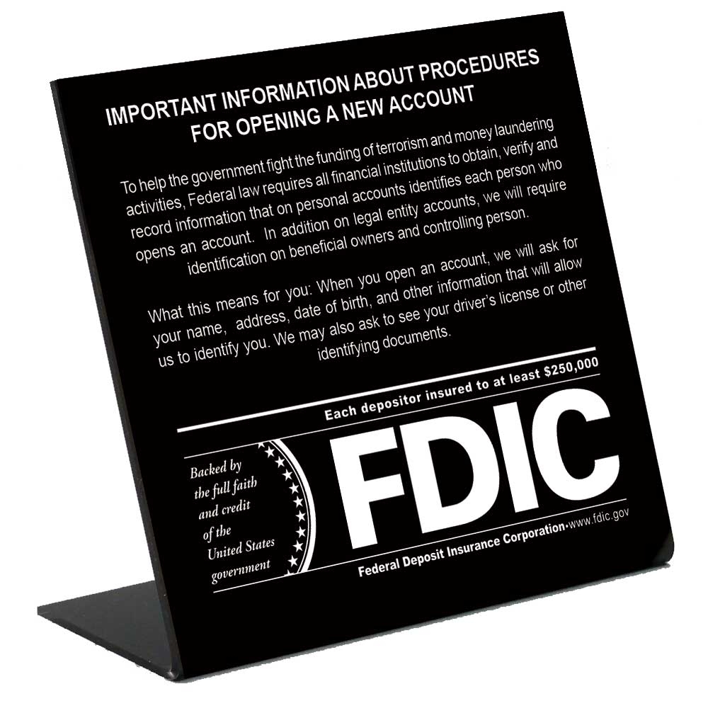 Patriot Act Sign with FDIC Logo 7 W x 6-1/2 H - Bank Compliance ...