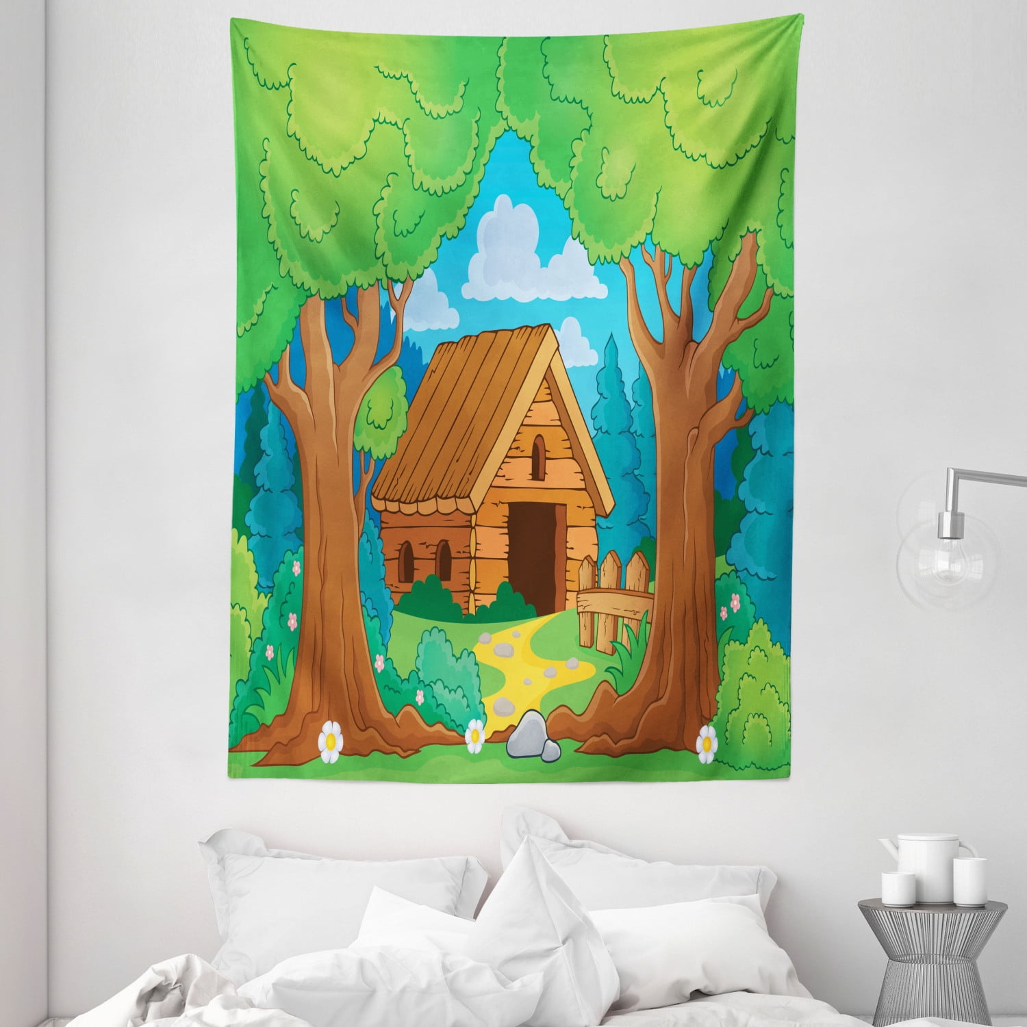 Log Cabin Tapestry, Countryside Theme Cartoon Image of a Wooden Shed in ...