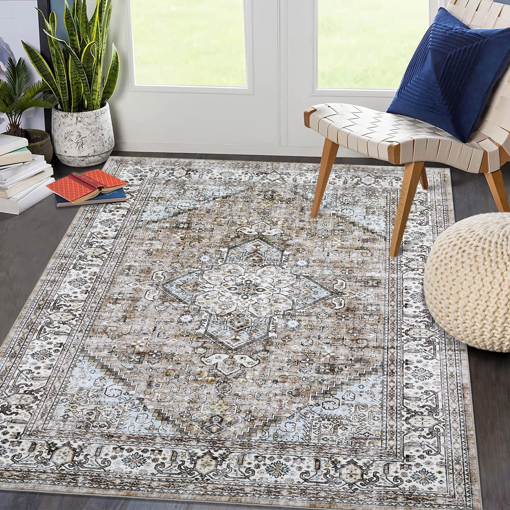 Homerry Large Khaki Rug 9 X 12 Area Rug For Living Room Boho Vintage Floral Indoor Carpet 9 X 12
