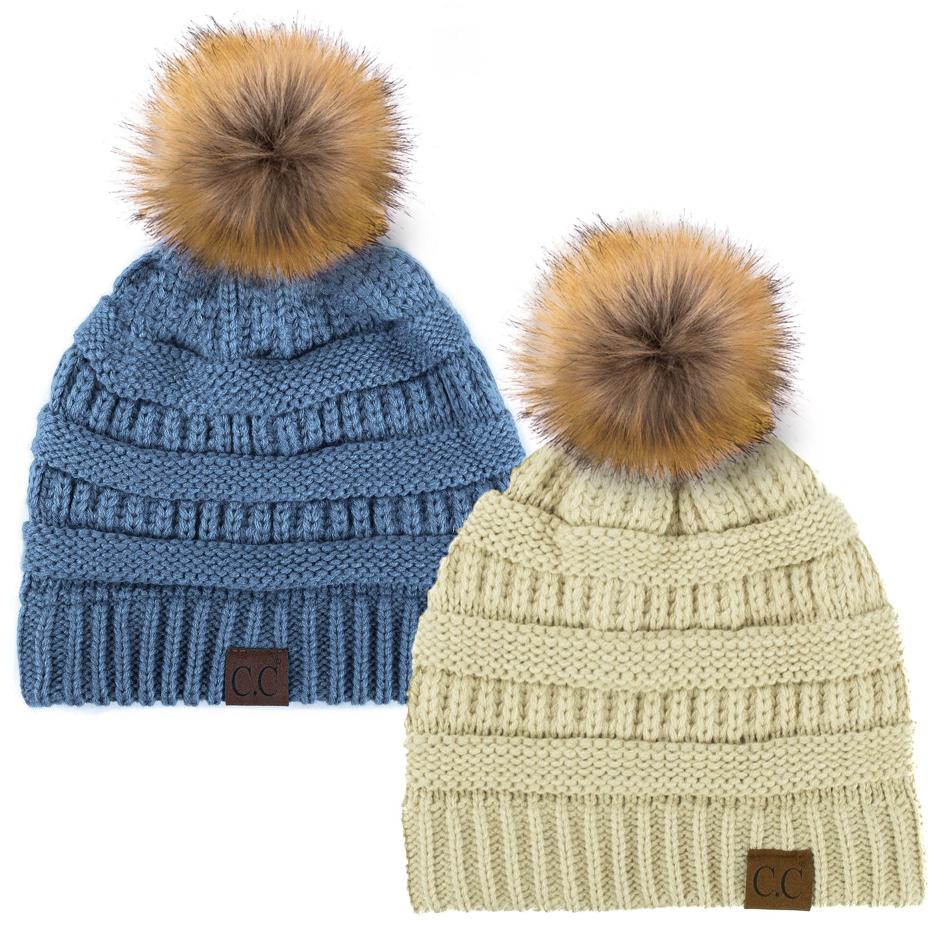 C.C Hat-43 Thick Warm Cap Hat Skully Faux Fur Pom Pom Cable Knit Beanie ...