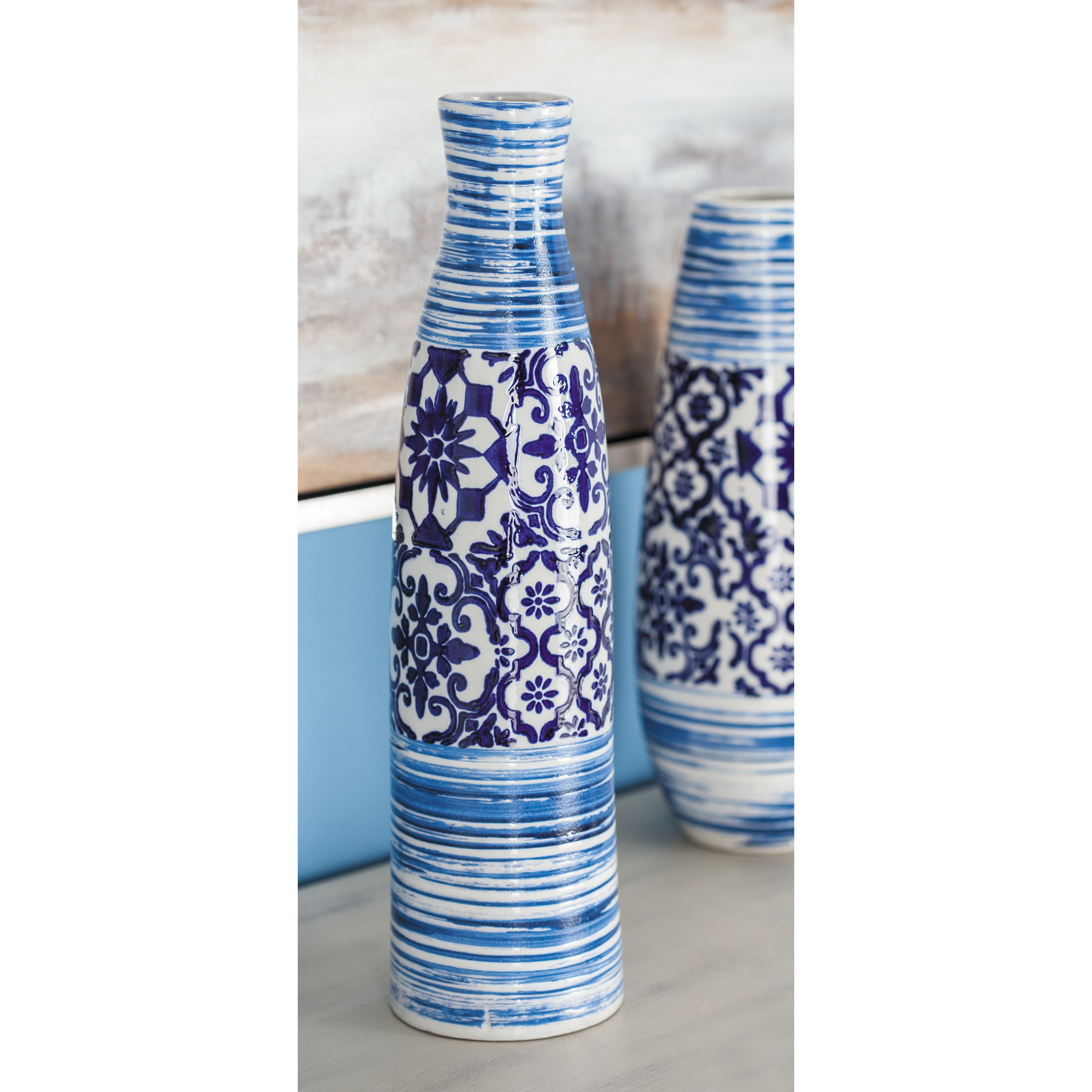 DecMode 19" Blue Ceramic Vase with Tile Patterns - Walmart.com