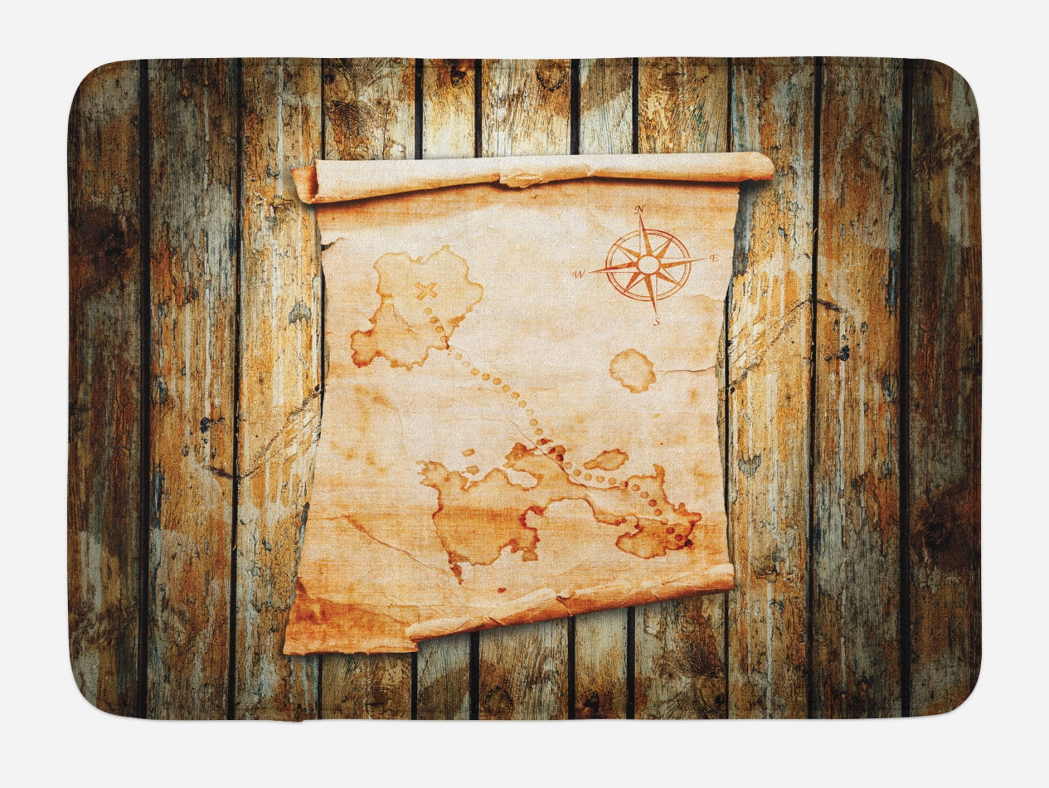 Island Map Bath Mat, Treasure Map on Rustic Timber X Marks the Spot of ...