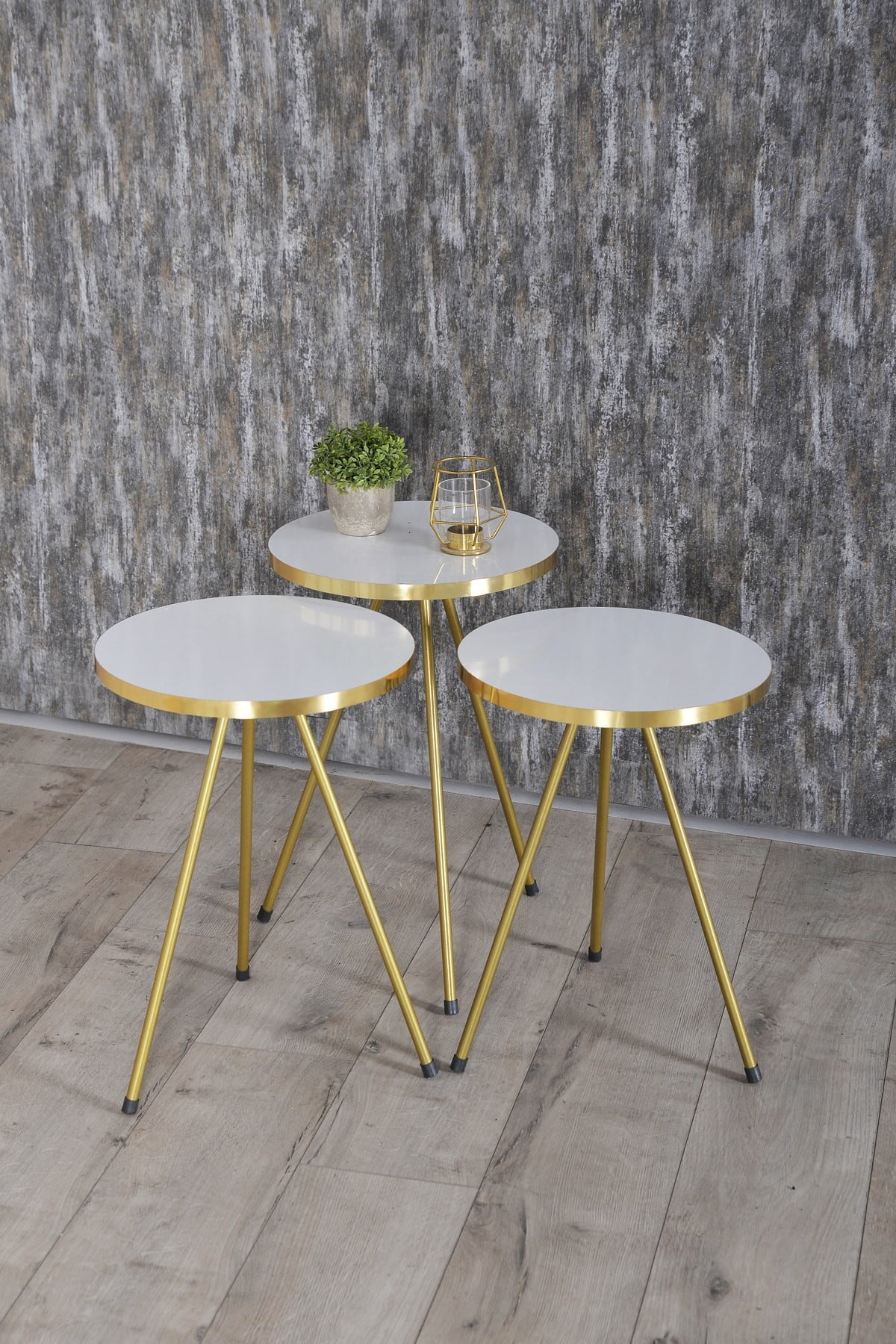 White Nesting Coffee Tables 3 PCS,Round Side Table With Gold Metal Legs ...