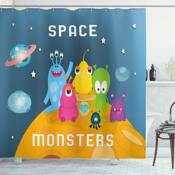 Alien Shower Curtain, Space Monsters Calligraphy and Colorful Bizarre ...