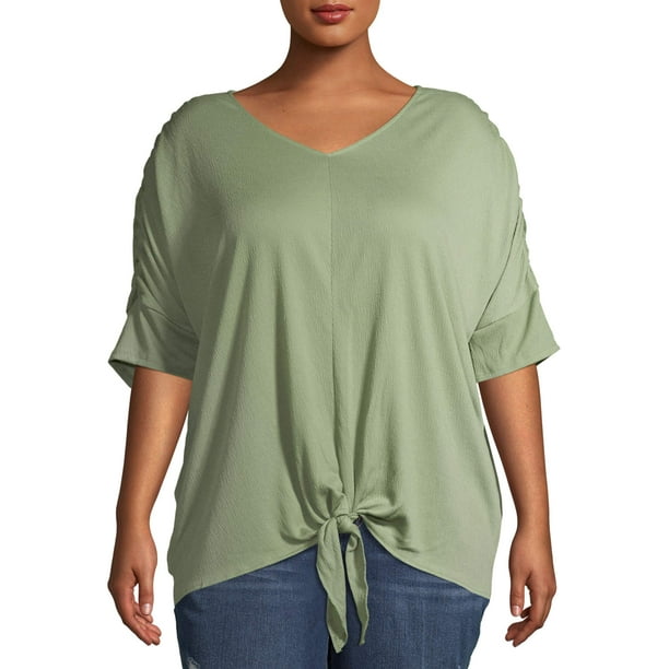Terra And Sky Terra And Sky Womens Plus Size Short Sleeve Ruched Tie