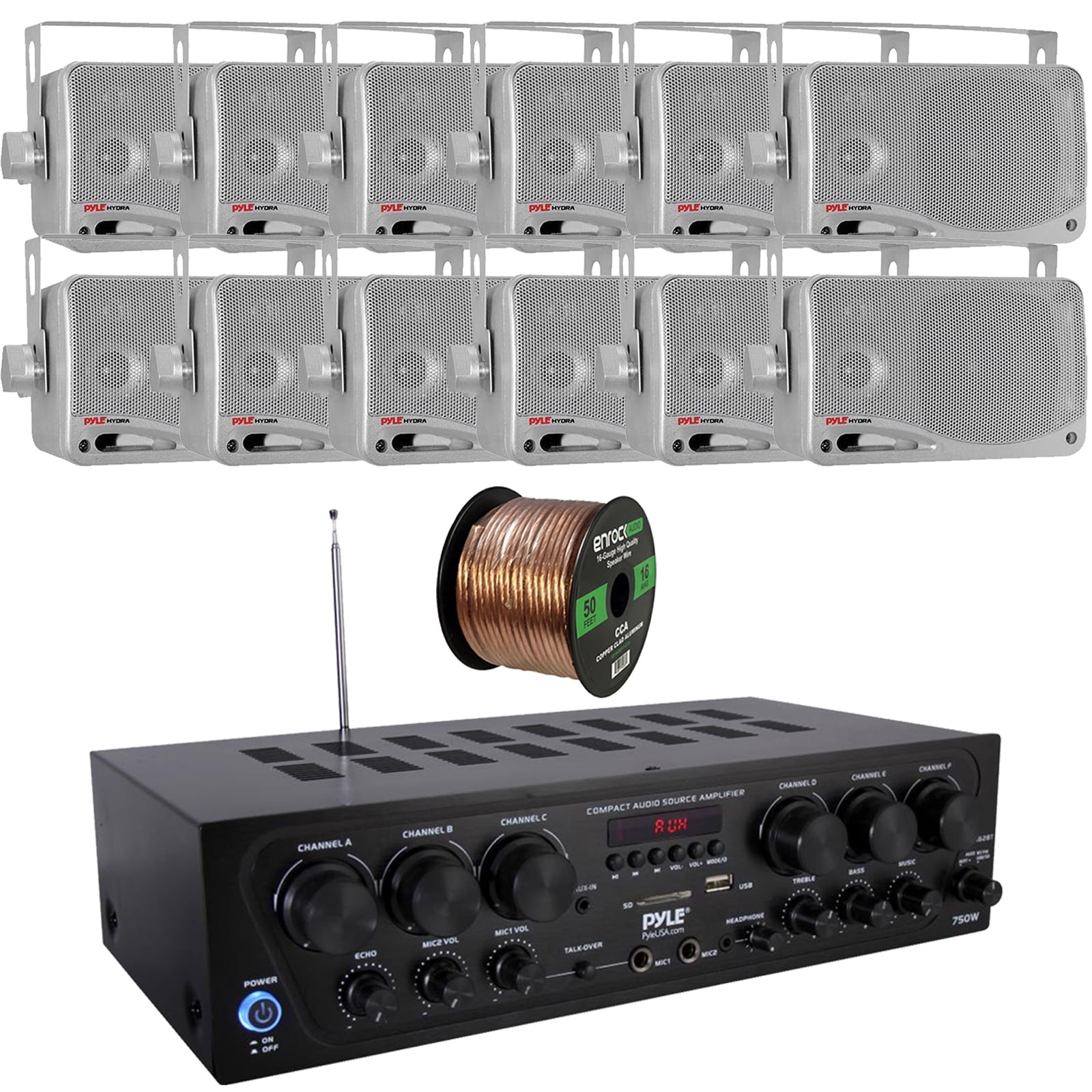 Pyle 6-Channel 750W Bluetooth USB AUX FM Stereo Amplifier Receiver Home ...