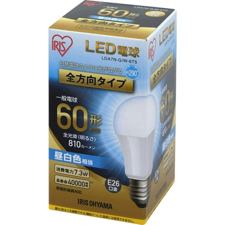 Iris Ohyama LED Bulb E26 Omnidirectional Type 60W Equivalent Daylight White LDA7N-G/W-6T5 ...