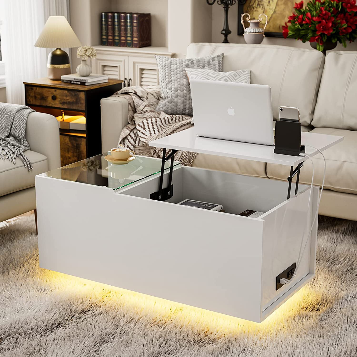 IKIFLY Lift Top Coffee Table with LED Lights & Charging Station, White ...