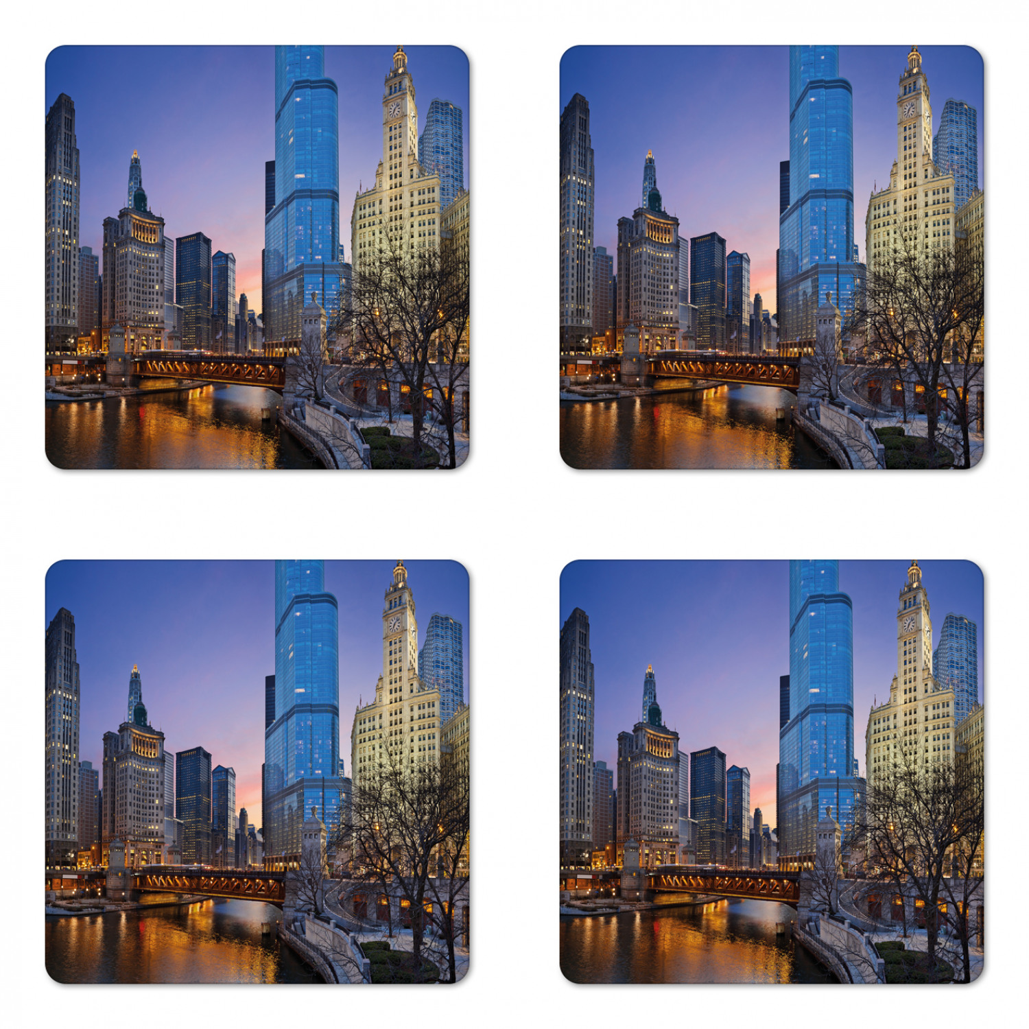 Landscape Coaster Set of 4, Usa Chicago Cityscape with Rivers Bridge ...