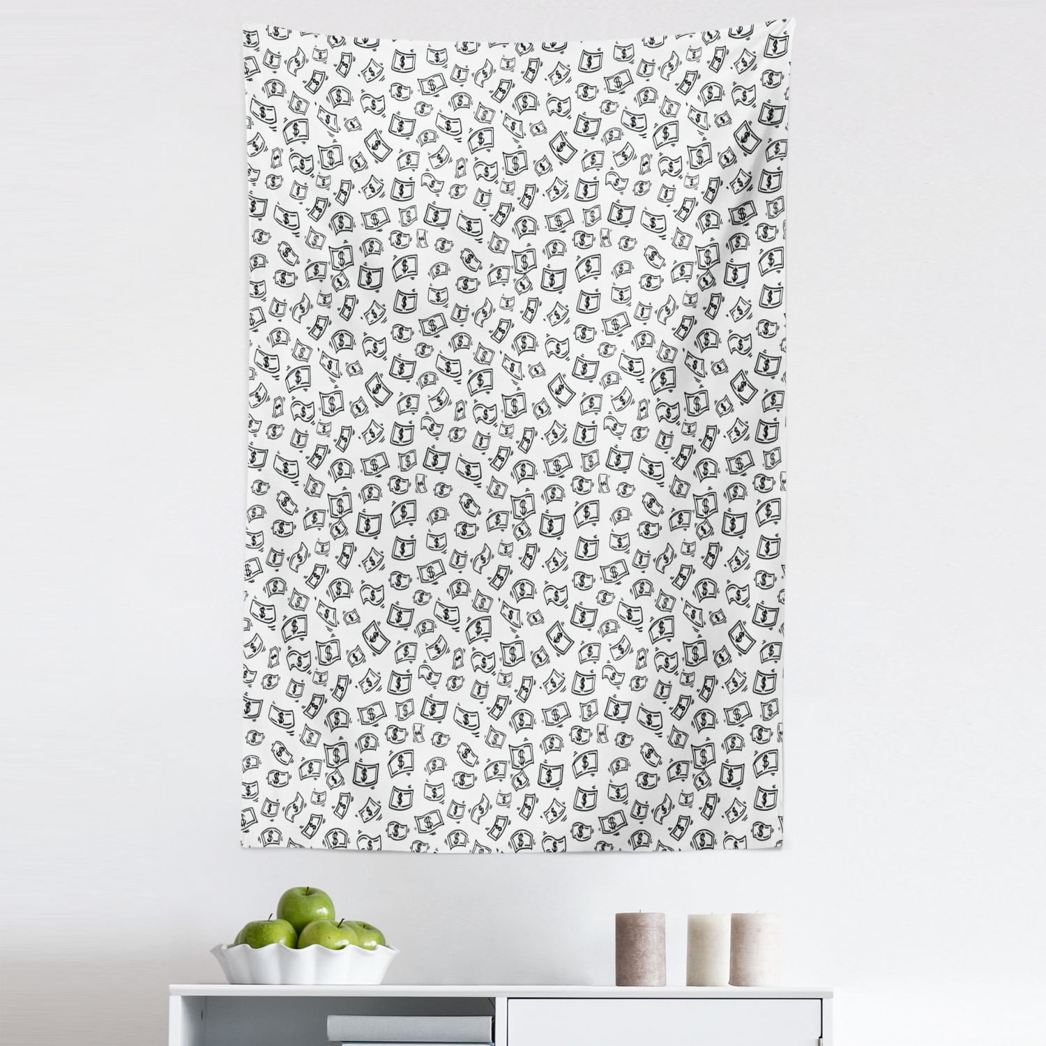 Money Tapestry, Sketch Style Monochrome Raining Dollar Bills Cash Money ...