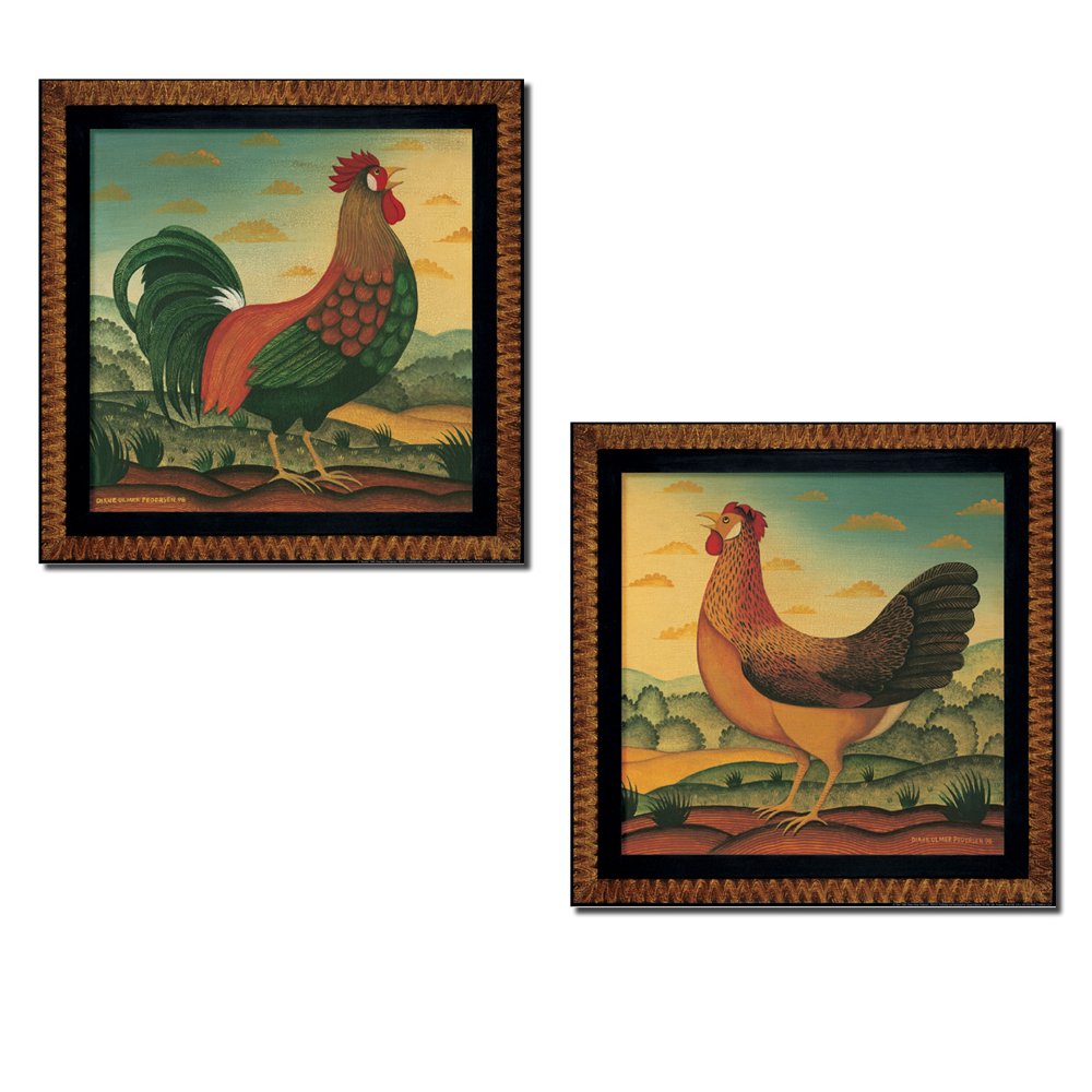 Classic Retro Farm Hen and Rooster Print Set; Two 12x12in Poster Prints ...