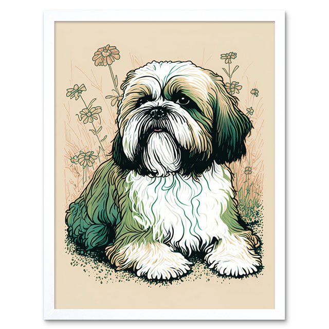 Shih Tzu Dog with Daisies Modern Multicoloured Linocut Illustration Art ...