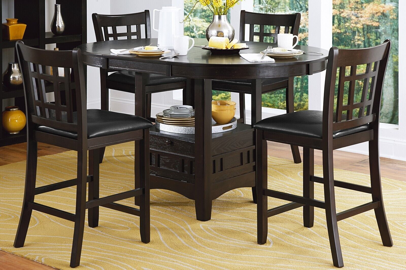 Traditional Design Counter Height Dining 5pc Set Table w Leaf Storage ...