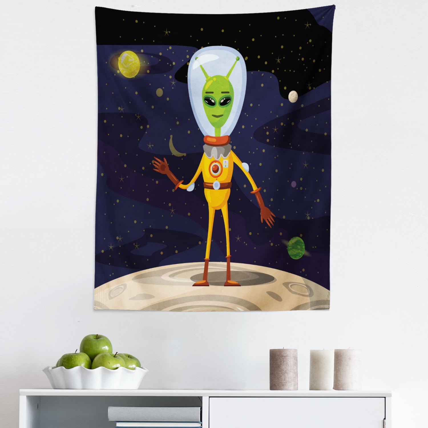 Alien Tapestry, Ufo Cartoon of Funny Creature in Spacesuit Standing on ...