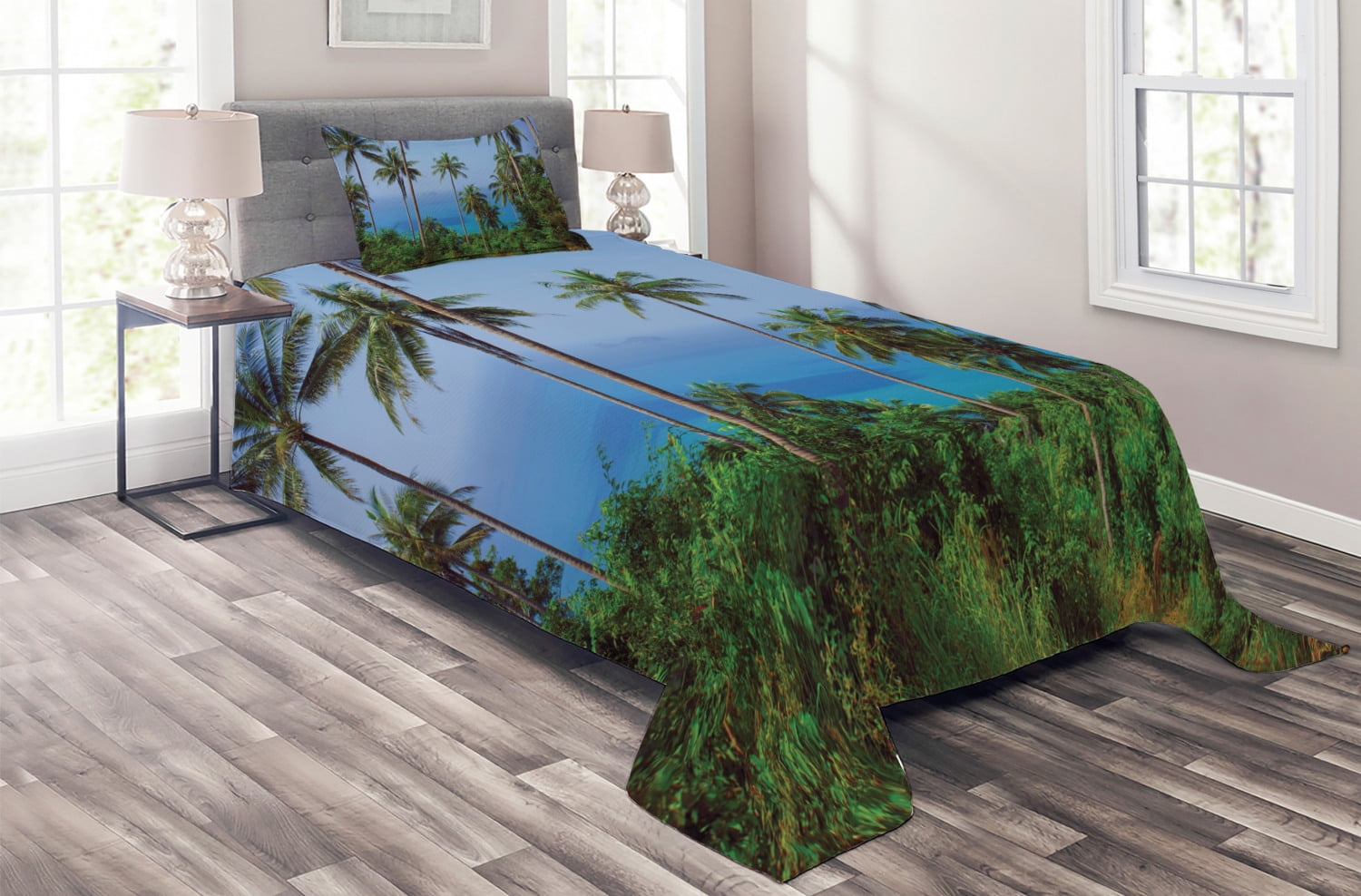 Palm Tree Coverlet Set Twin Size, Ocean Scene from Jungle Tropical ...