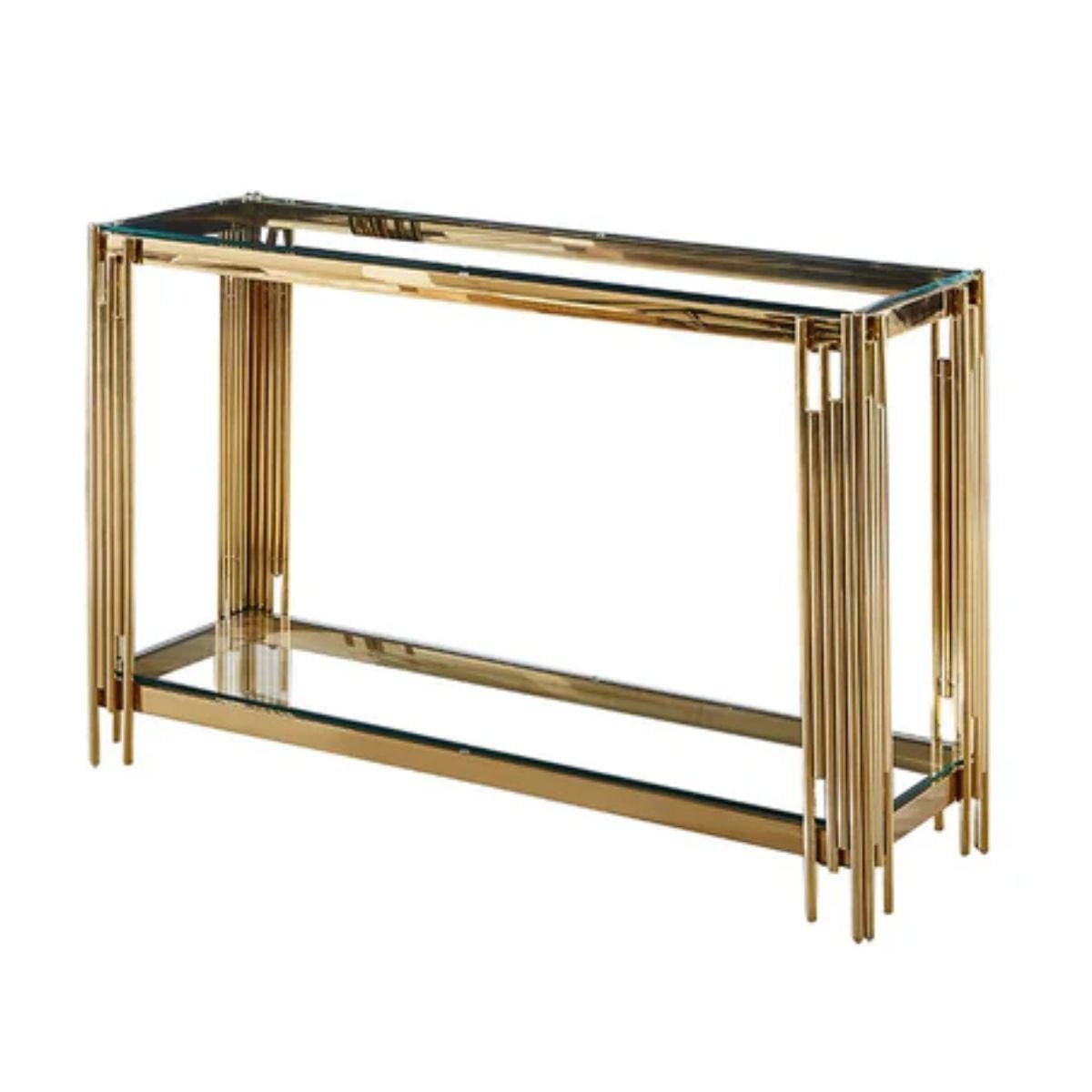 Rachel Console Table with a top and shelf made of sleek glass, and a ...