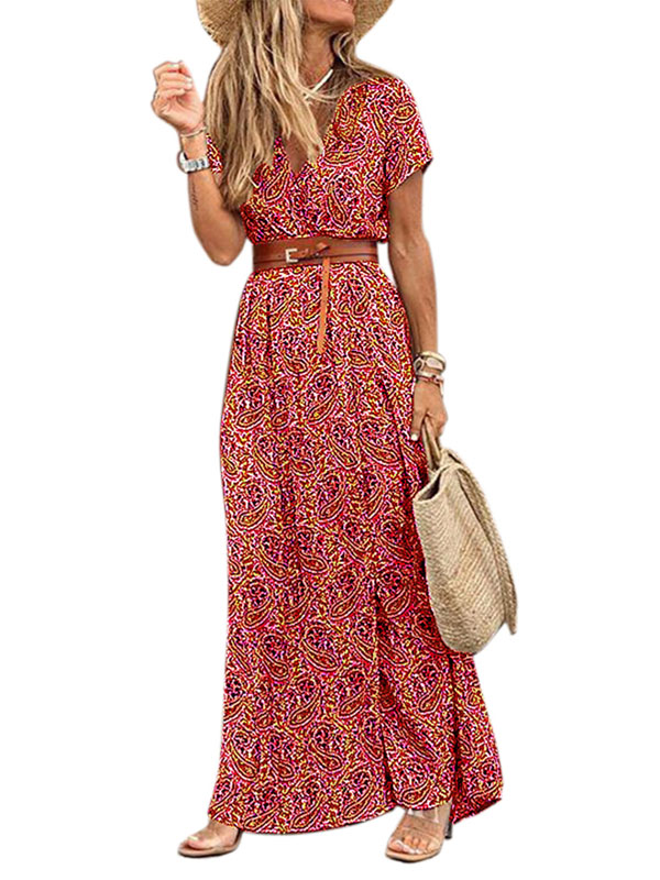 LilyLL Women Short Sleeve Boho Split Floral Long Dress Summer Sundress ...