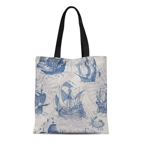 POGLIP Canvas Tote Bag Old Caravel Vintage Sailboat Sea Crab Sketch for ...