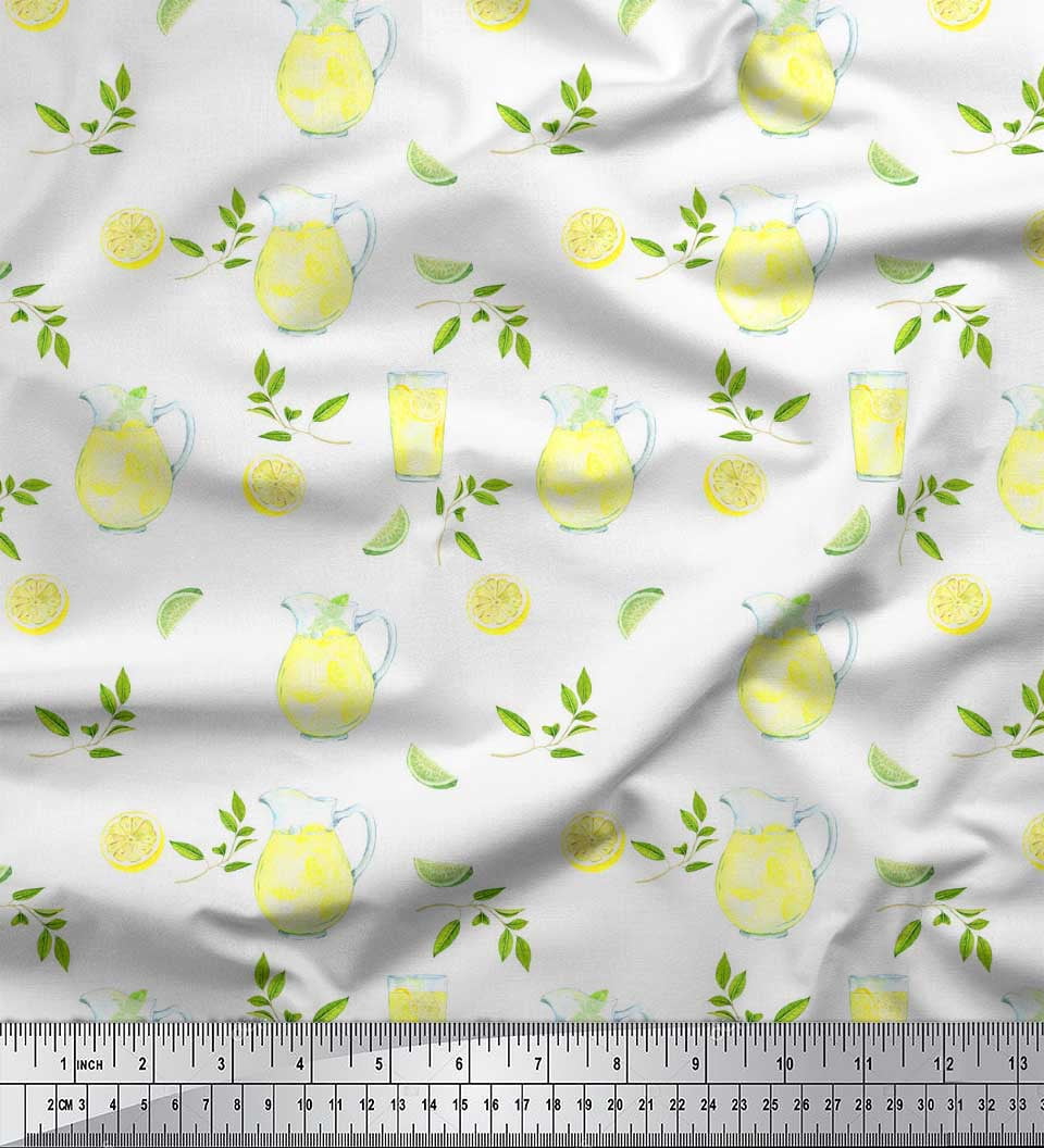 Soimoi White Heavy Satin Fabric Lemon Slice & Lime Juice Fruits Print ...