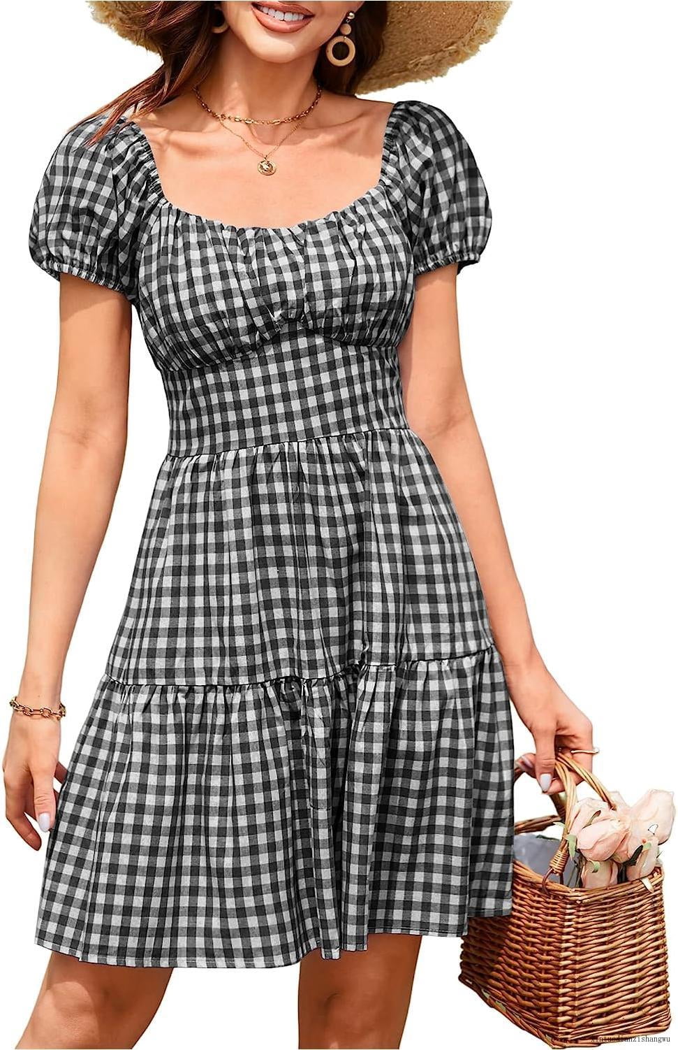 Women's Casual Plaid Mini Dress Scoop Neck Short Puff Sleeve Sundress A ...