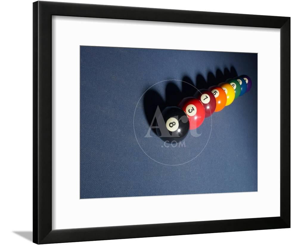 Line of Billiard Balls on Blue Felt Pool Table, Framed Art Print Wall ...