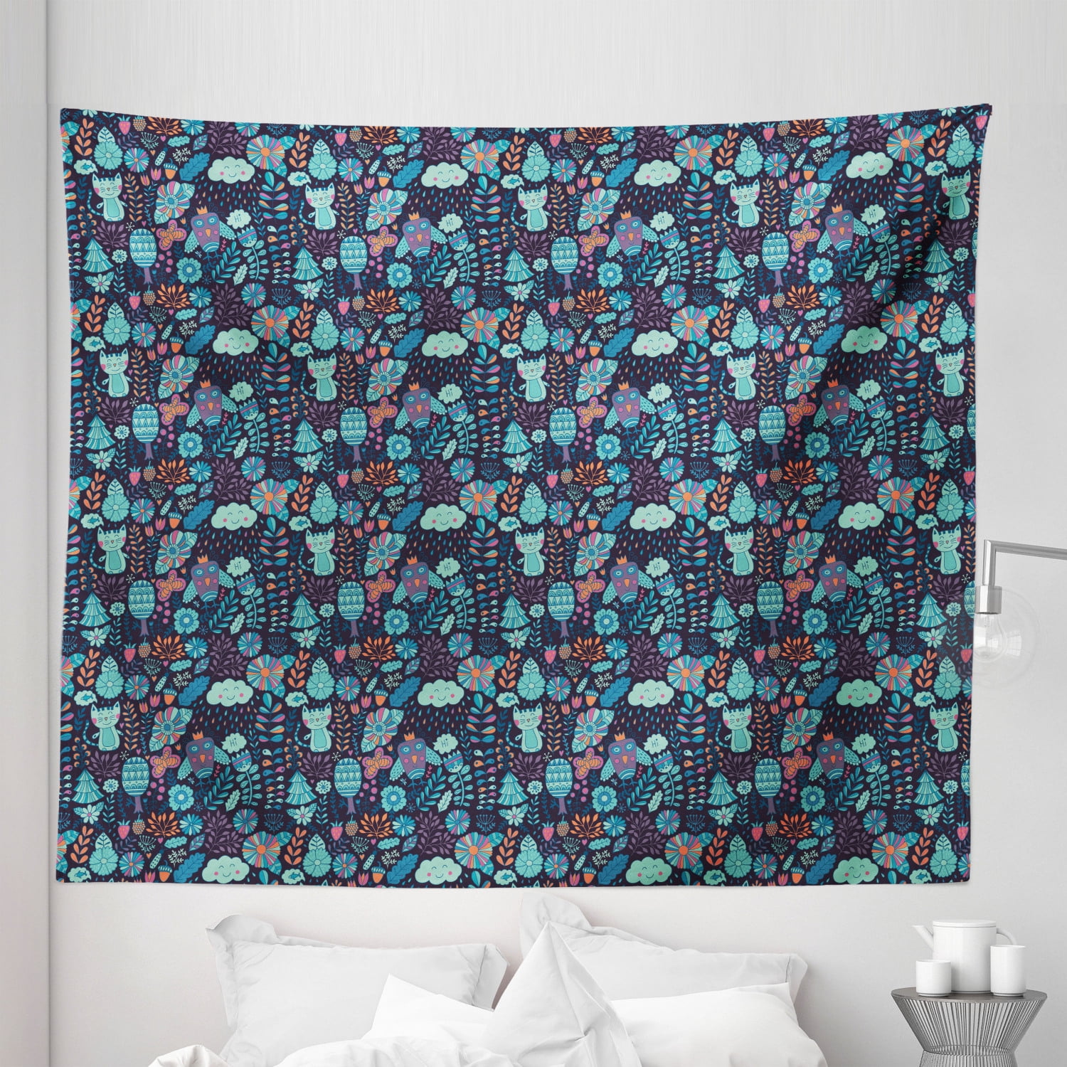 Owls Tapestry, Nocturnal Concept of Colorful Cats Happy Faced Rainy ...