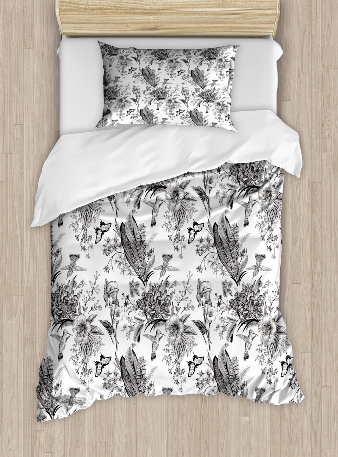 Black and White Twin Size Duvet Cover Set, Amaryllises and Begonias ...