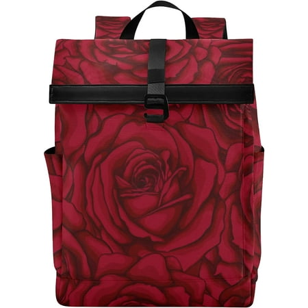 Red Rose Flower Backpack Roll Top Daypack Laptop Work Travel College ...