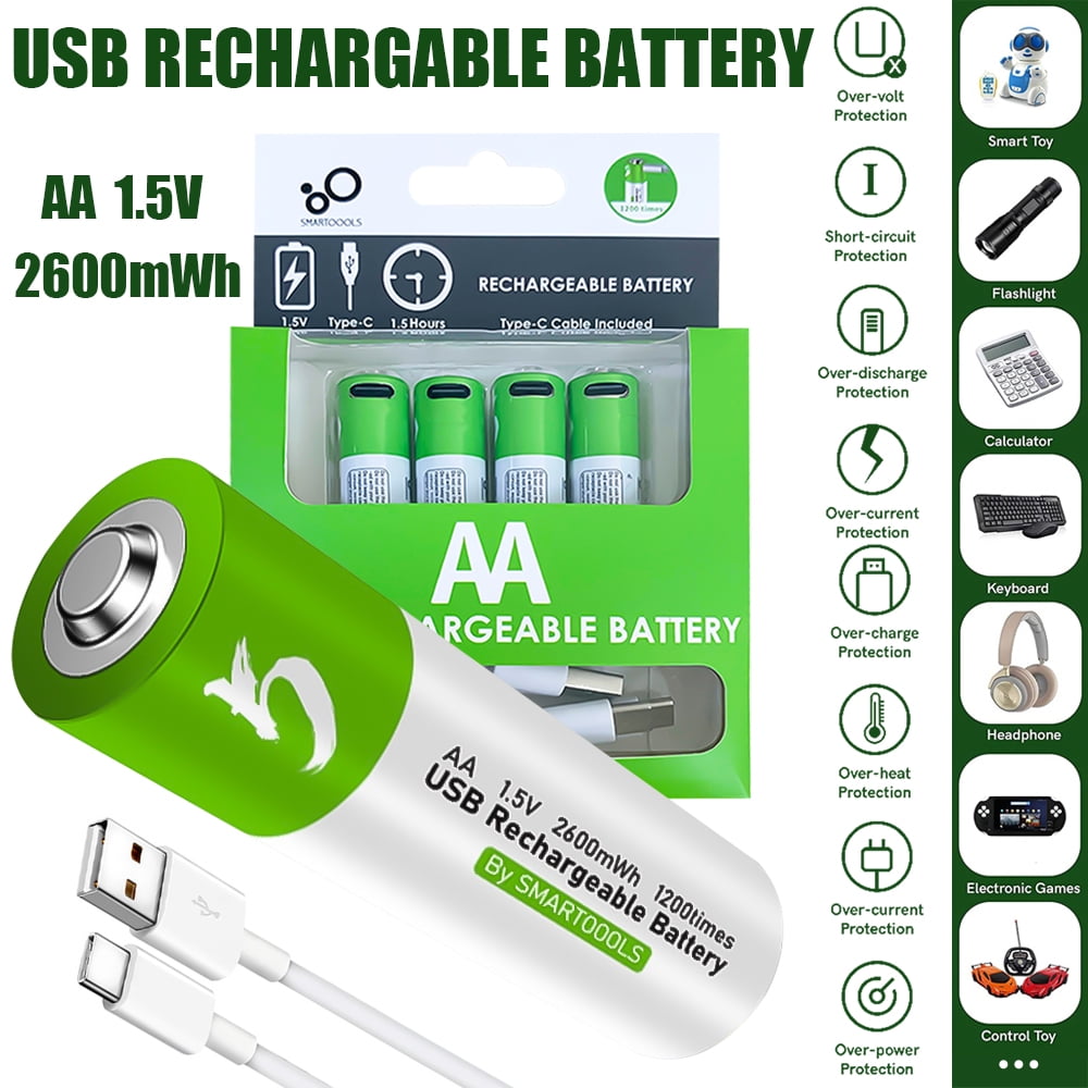 4-Pack AA Type-C Rechargeable Batteries, Recharge up to 1200x, High ...