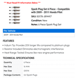 T.RQ Spark Plug Set, 6 Piece, Compatible with 2009-2011 Honda Pilot ...