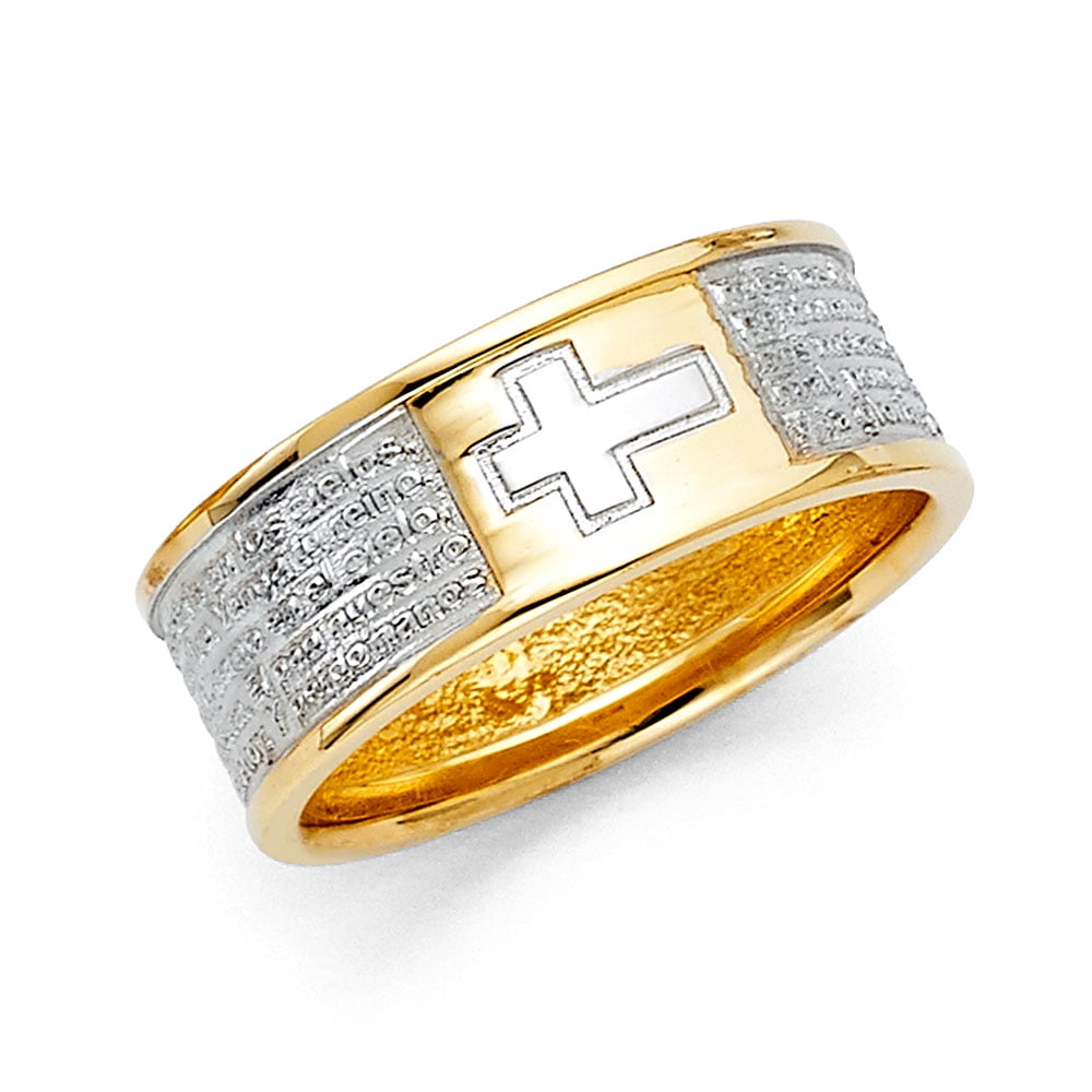 Cross Lords Prayer Band Ring Solid 14k Yellow & White Gold Religious ...