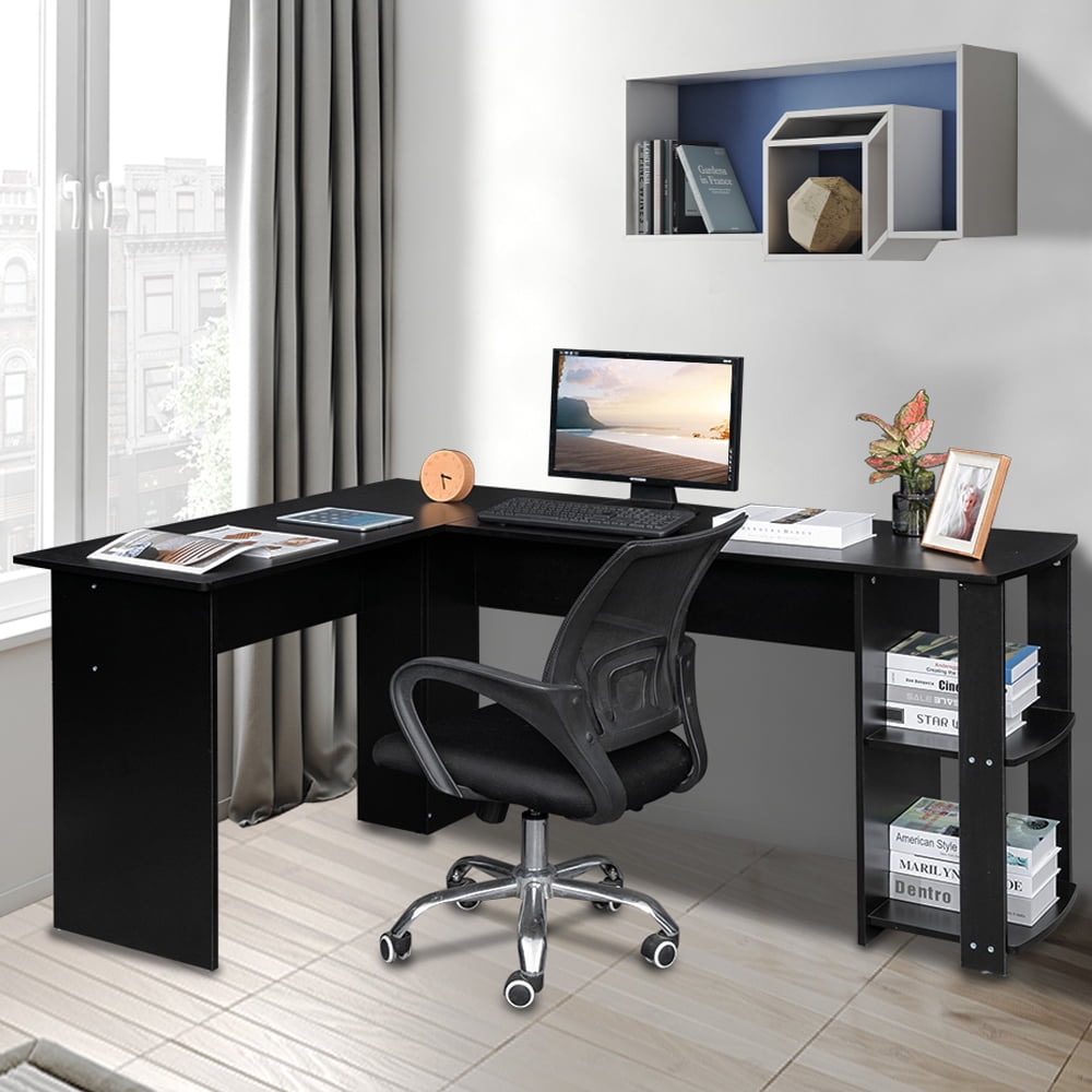 UWR-Nite L-Shaped Desk, Corner Computer Desk w/ 2-Tier Open Bookshelves ...