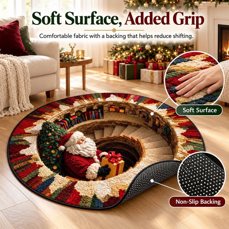 3D Christmas Round Rug, Santa Optical Illusion Mat for Home Decor, Soft ...
