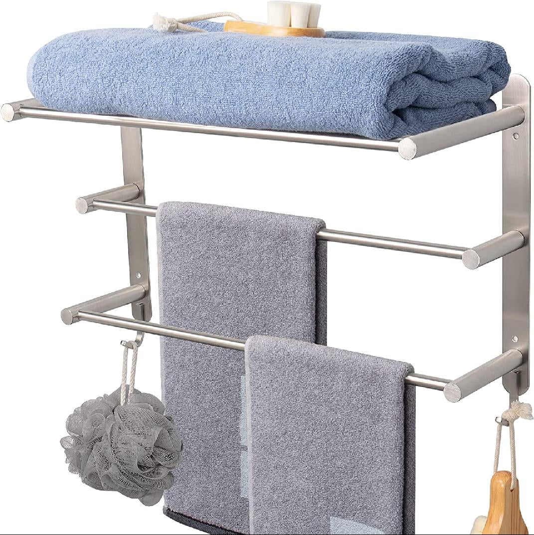 Bathroom 3 Tier Towel Shelf- Steel Towel Rack with Double Towel Bar ...