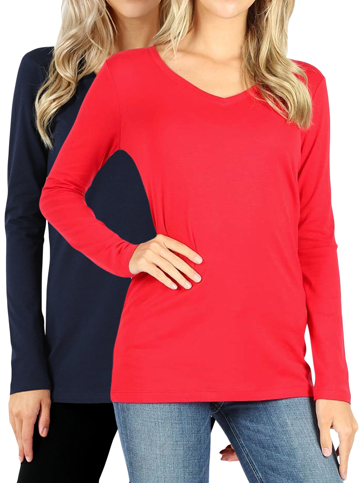 Women Casual Basic Cotton Loose Fit V-Neck Long Sleeve T-Shirt Top ...