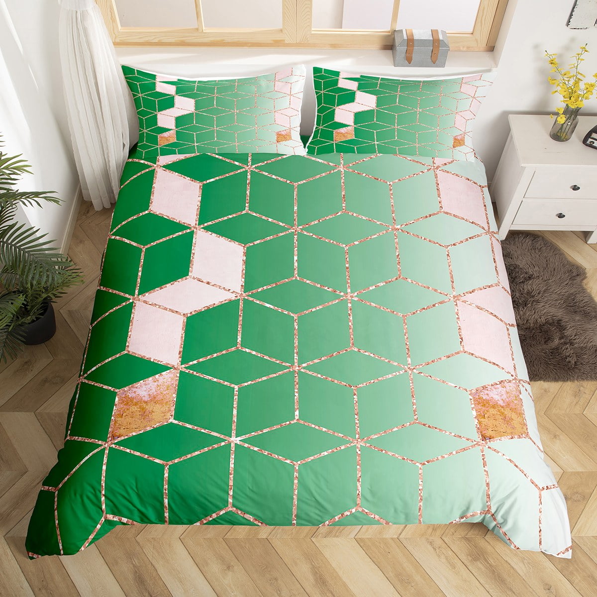 YST Honeycomb Comforter Cover Green Gradient Bed Set, Ombre Duvet Cover ...