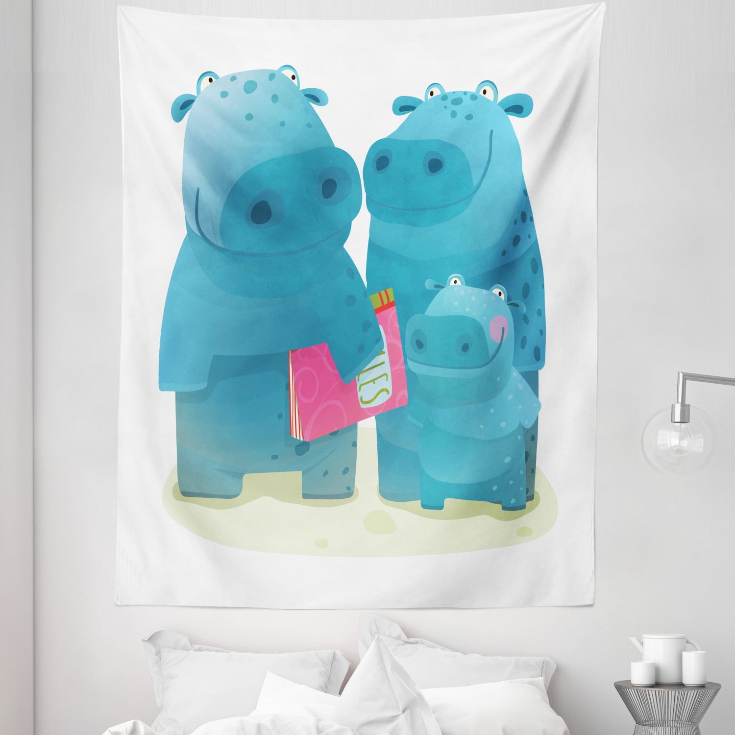 Hippo Tapestry, Graphic Happy Hippo Family with Father Mother and ...