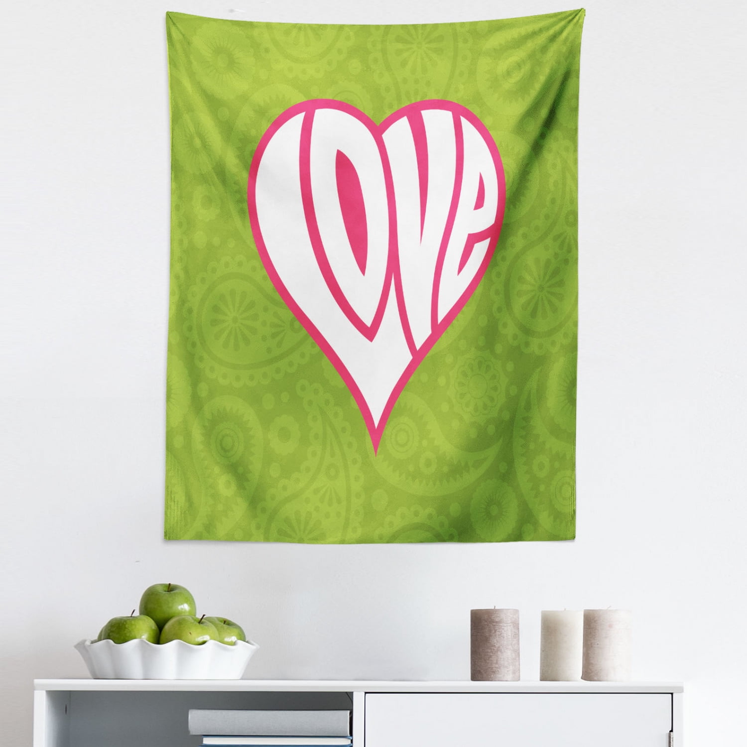 Retro Tapestry, Heart Illustration on Paisley Background Centre of Love ...
