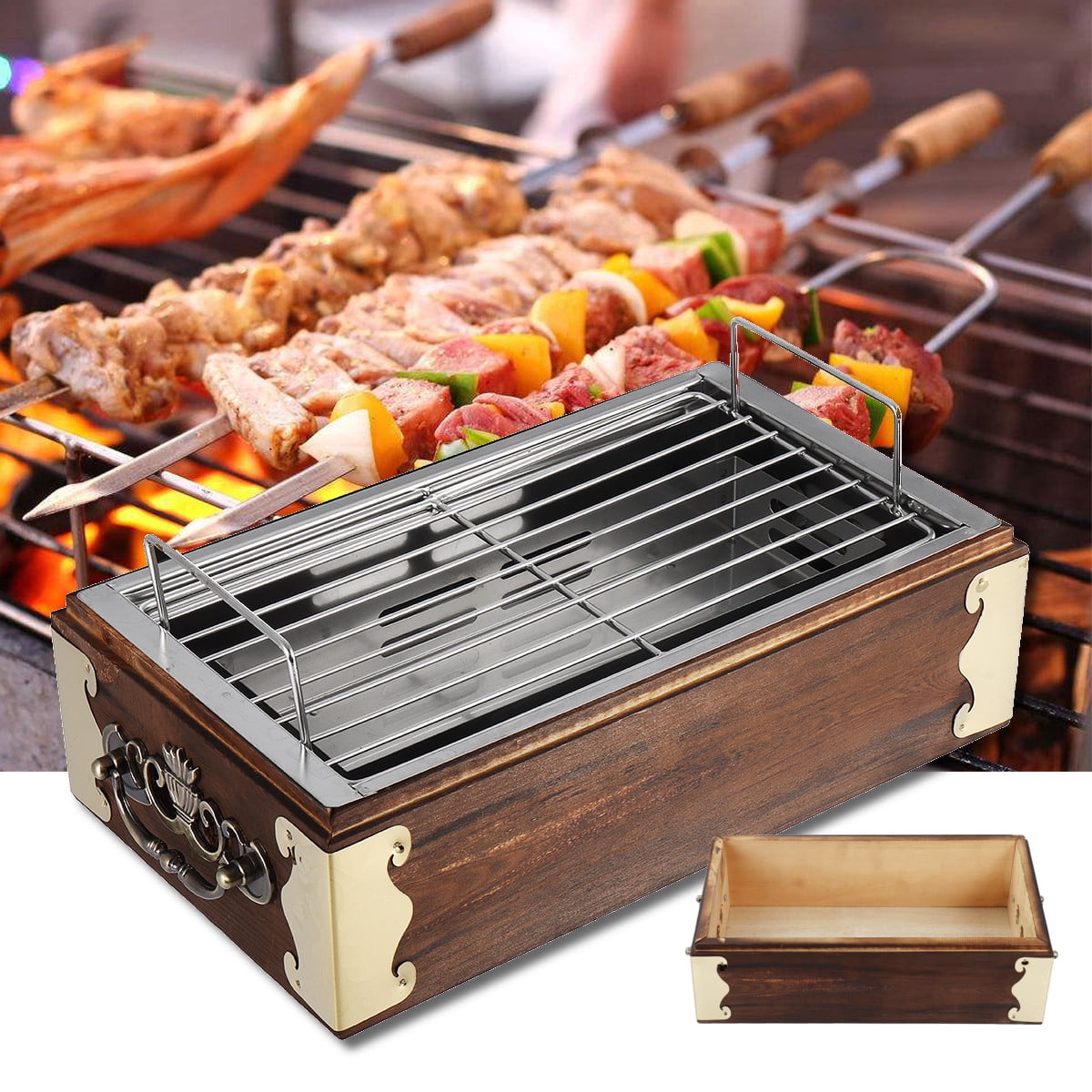 Portable Rectangle BBQ Charcoal Grill Stainless Steel Tabletop Barbecue ...