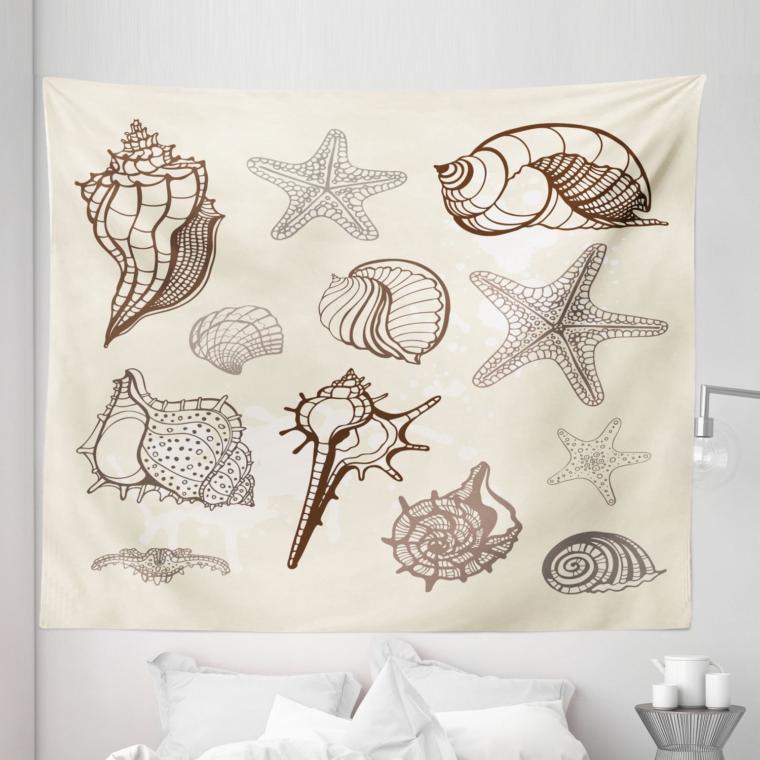 Shell Tapestry, Grunge Designed Outline Starfish and Seashells Nautical ...