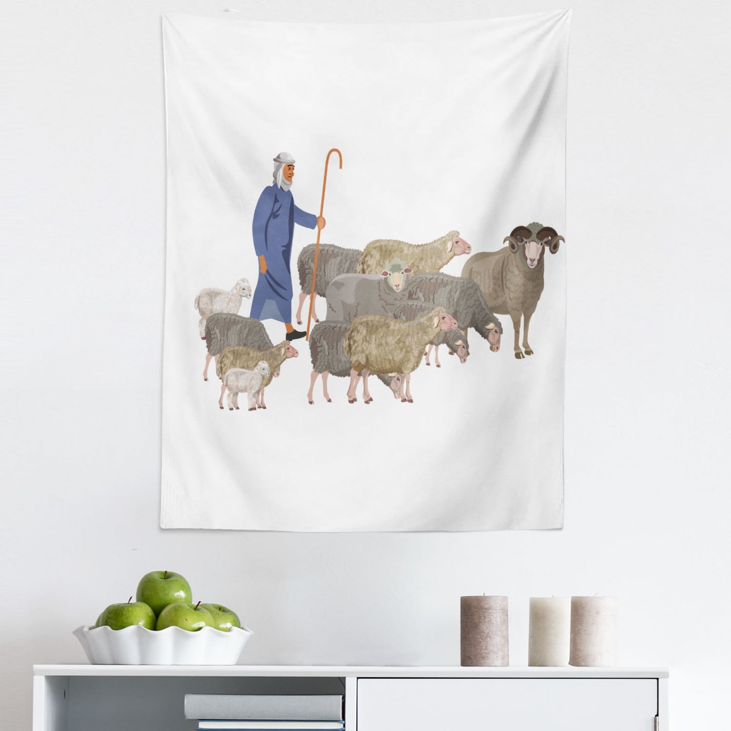 Sheep Tapestry, Oriental Shepherd Out Feeding the Herd Farm Livestock ...