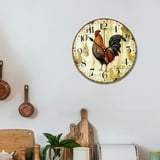 VOCOO 10'' Round Wooden Rooster Wall Clock, Silent Non Ticking Vintage ...