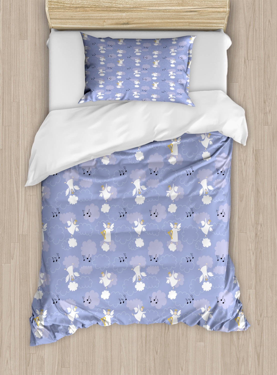 Angel Twin Size Duvet Cover Set, Angels Playing Harp in Sky Clouds ...