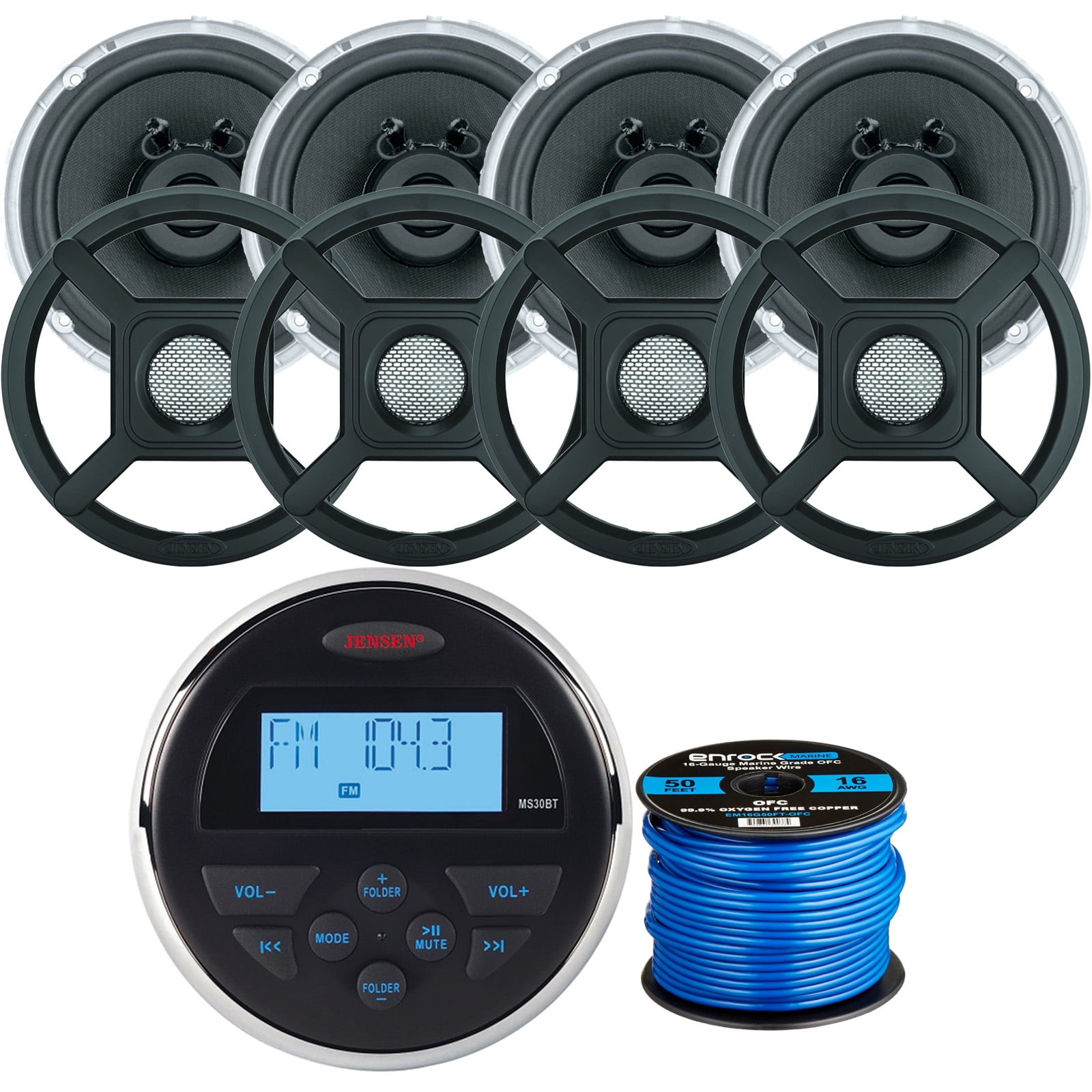 Jensen MS30BTR Mechless Waterproof Bluetooth Stereo- 4 x Jensen Marine ...