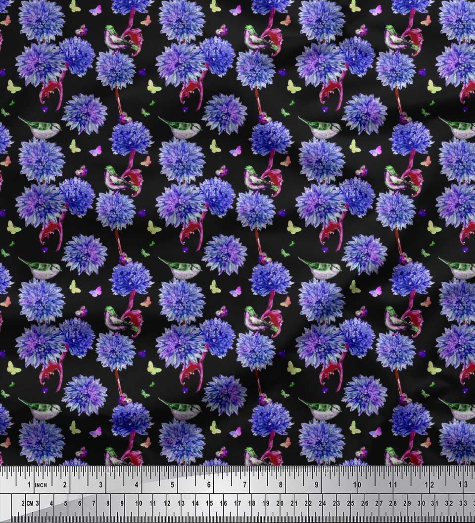 Soimoi Purple Satin Silk Fabric American Robin,Insect & Flower Print ...