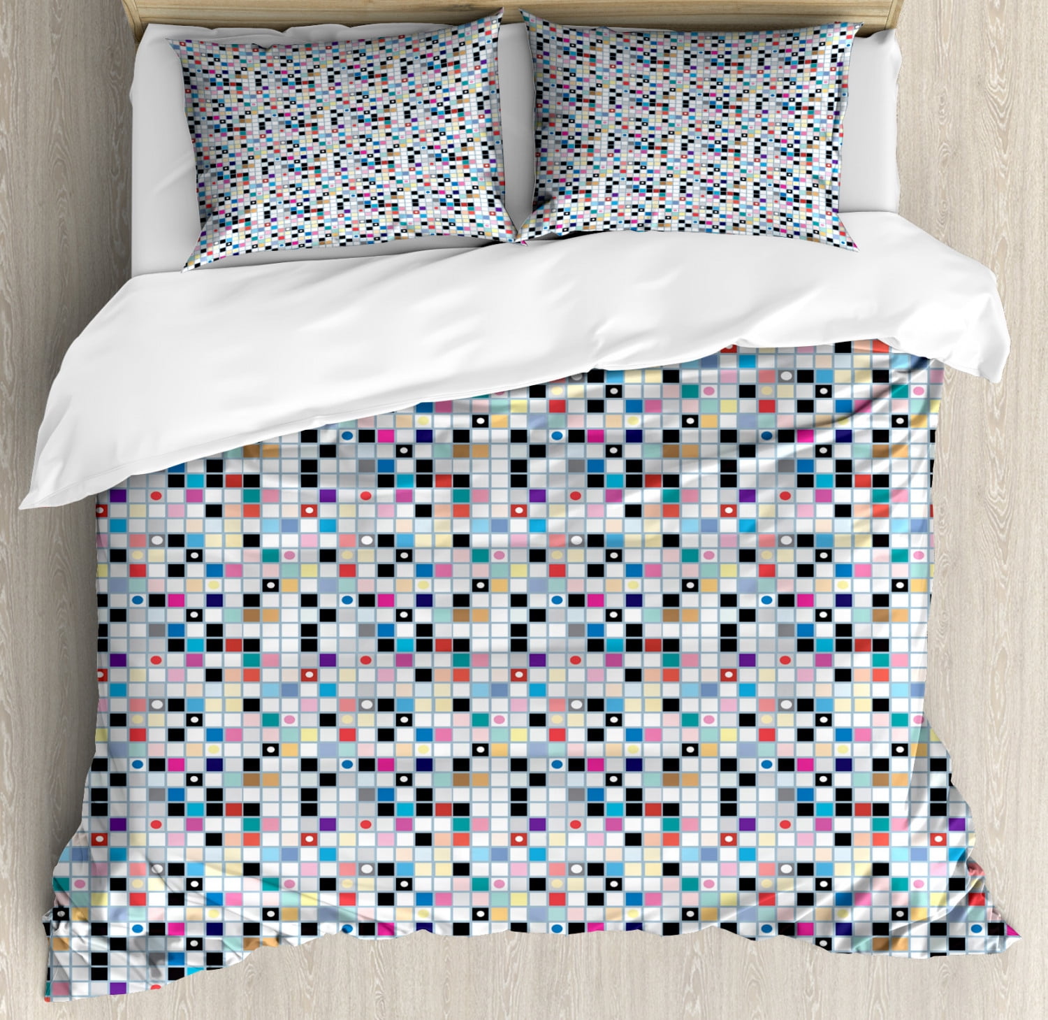 Grid Duvet Cover Set Queen Size, Checkered Squares Design with Dots of ...