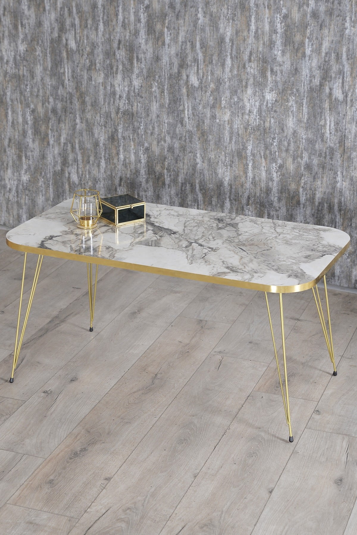 White Marble Coffee Table with Gold 3-Rod Metal Legs, Modern Style Faux ...