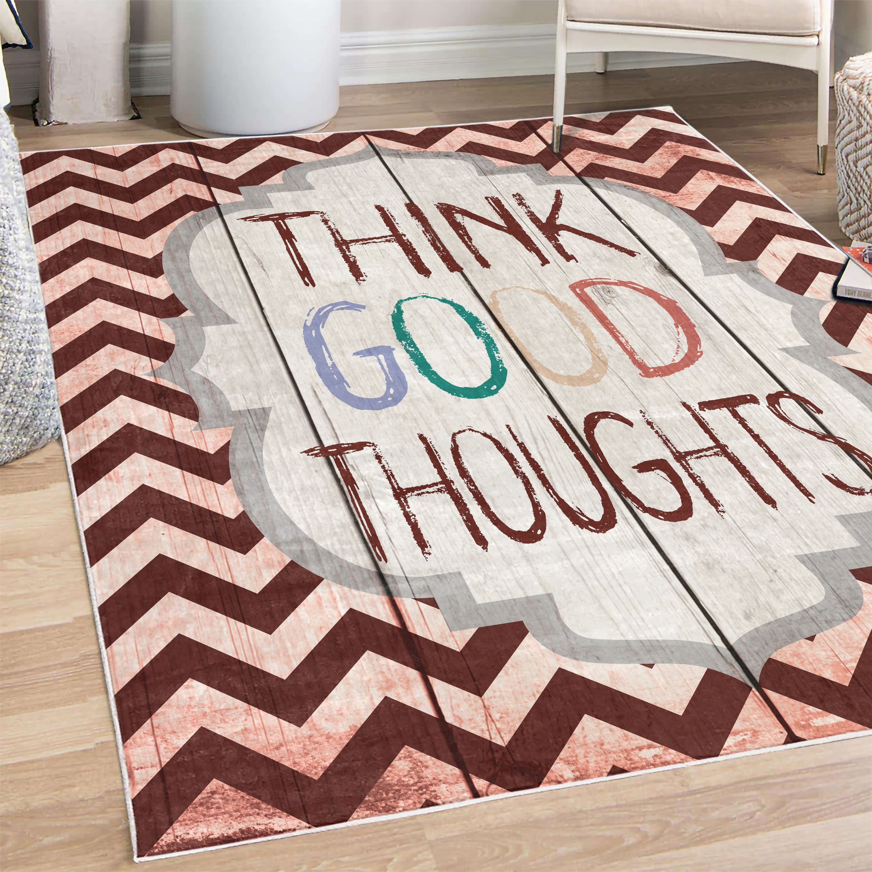 Saying Decorative Rug, Think Thoughts Message with Rainbow Colored ...